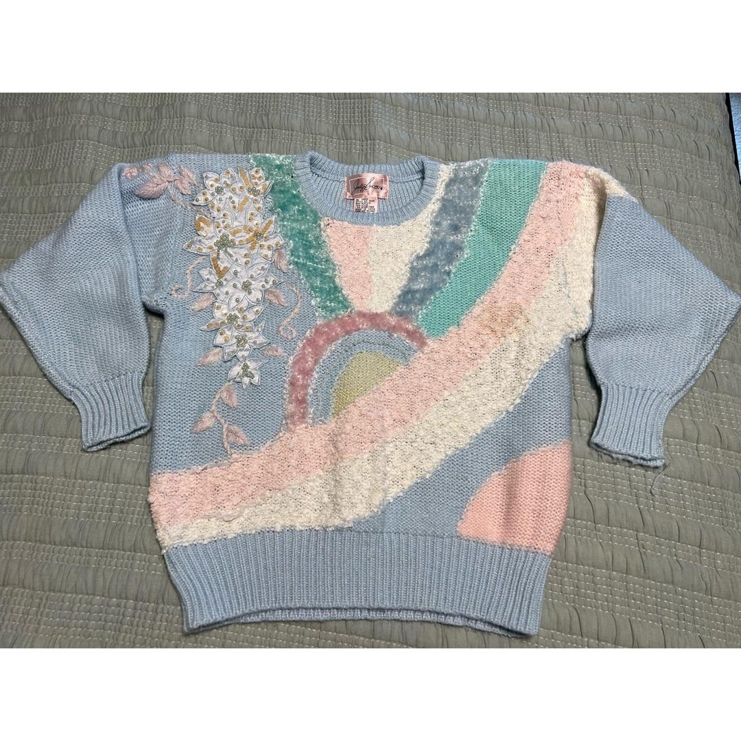 VTG Jaclyn Smith Pastel Rainbow Sequin Beaded Fuzzy Granny Core Sweater ...