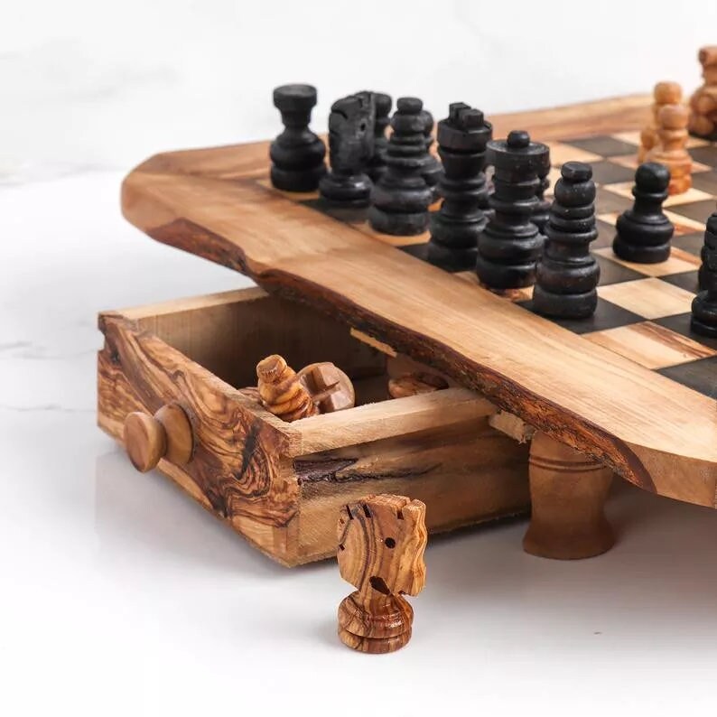 Unique Chess Set, Rustic Olive Wood Chess Board, Custom Monogrammed ...