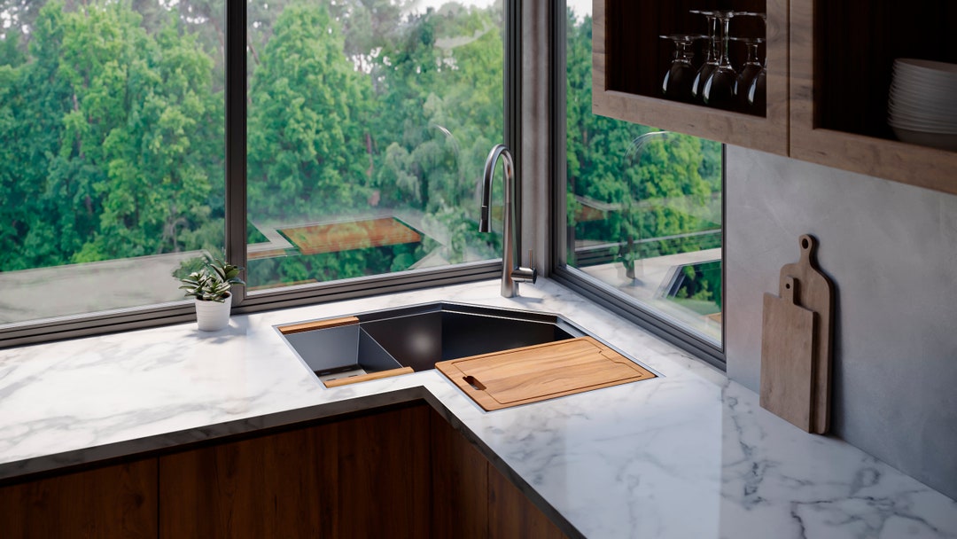 Black Stainless Steel Butterfly Workstation Corner Kitchen Sink Single ...