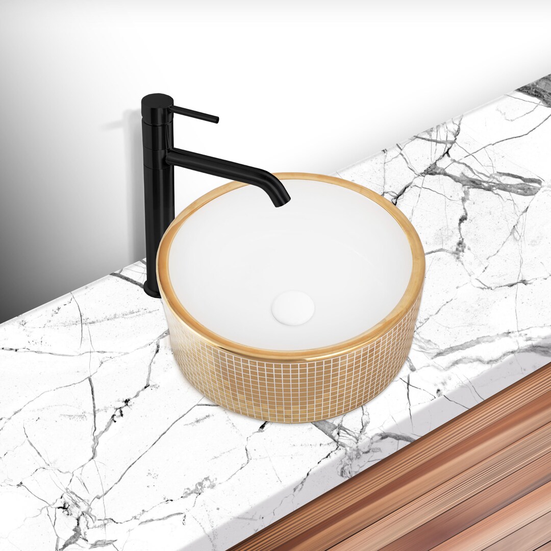 Round Gold Mosaic Porcelain Luxury Vessel Sink With Gold Overflow ETSY ...