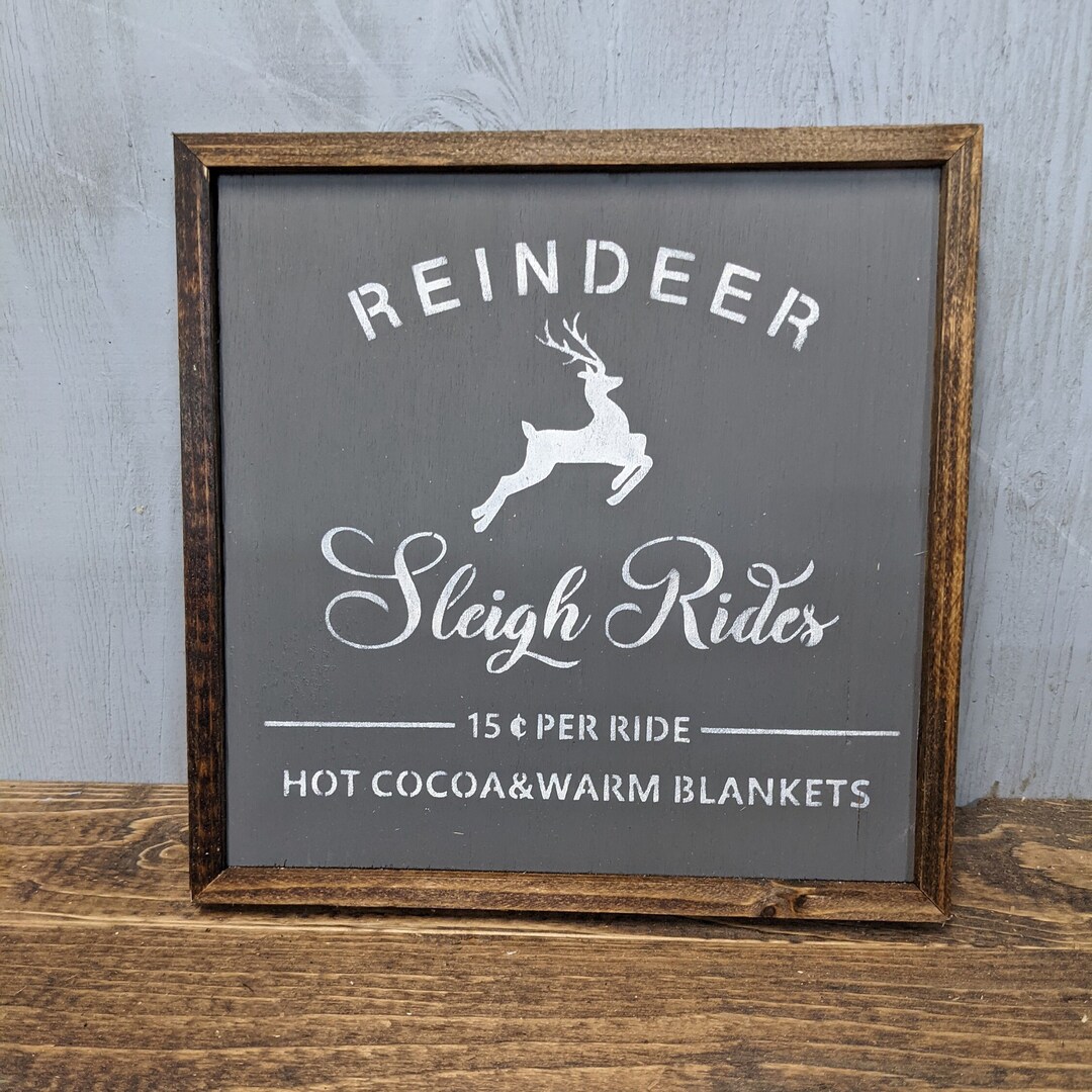 Reindeer Sleigh Rides Sign, Gray and White, Christmas Sign, Framed Wood ...