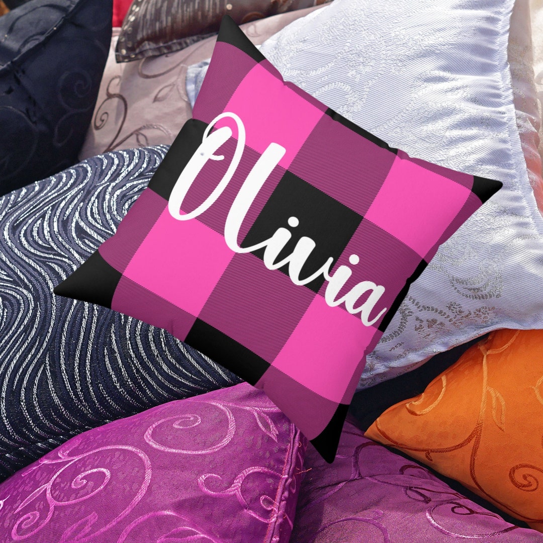Personalized Pink Checkers Buffalo Plaid Pillow, Soft Decorative ...