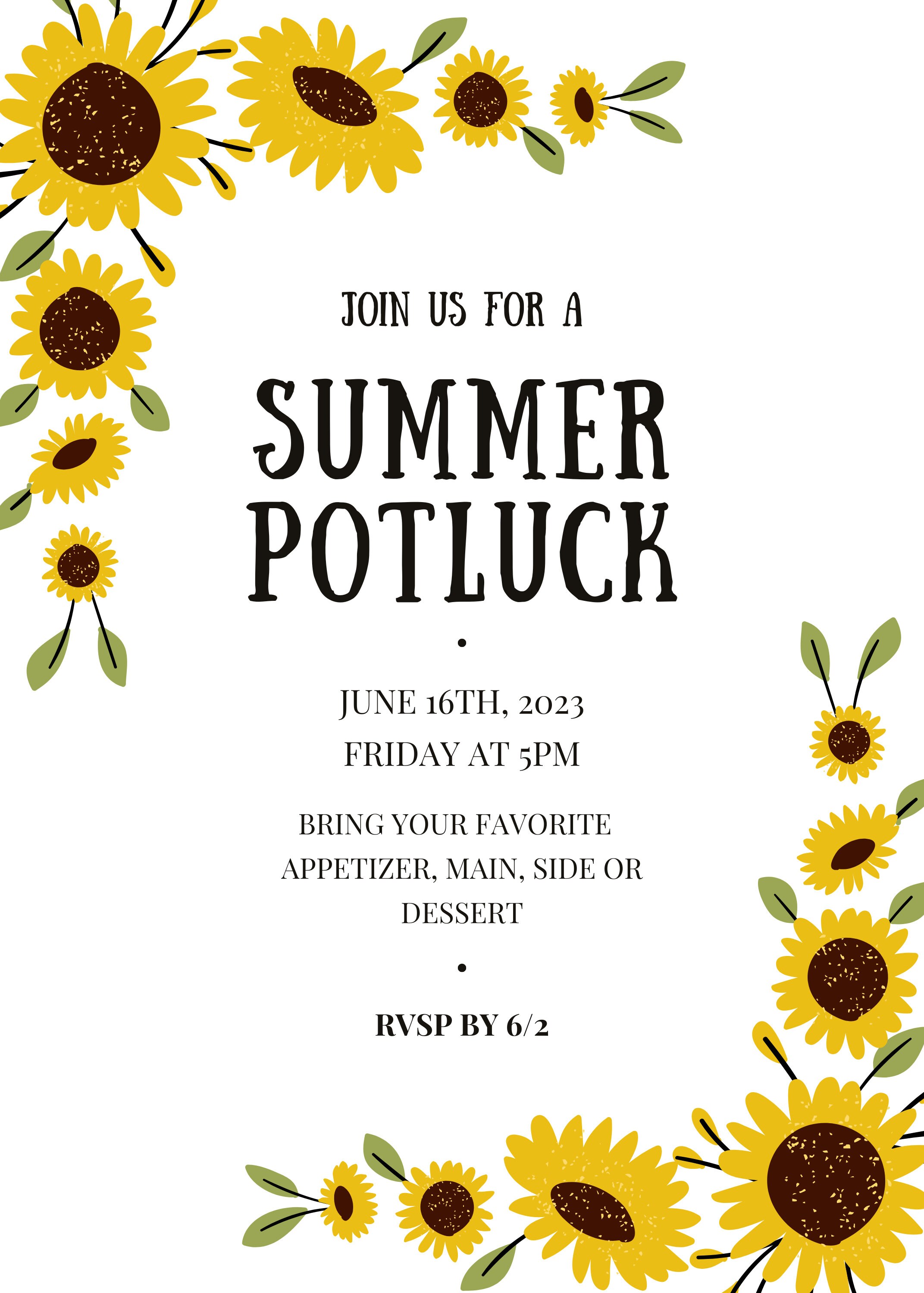 Sunflower Summer Potluck Invite, Editable Summer Potluck Invitation ...