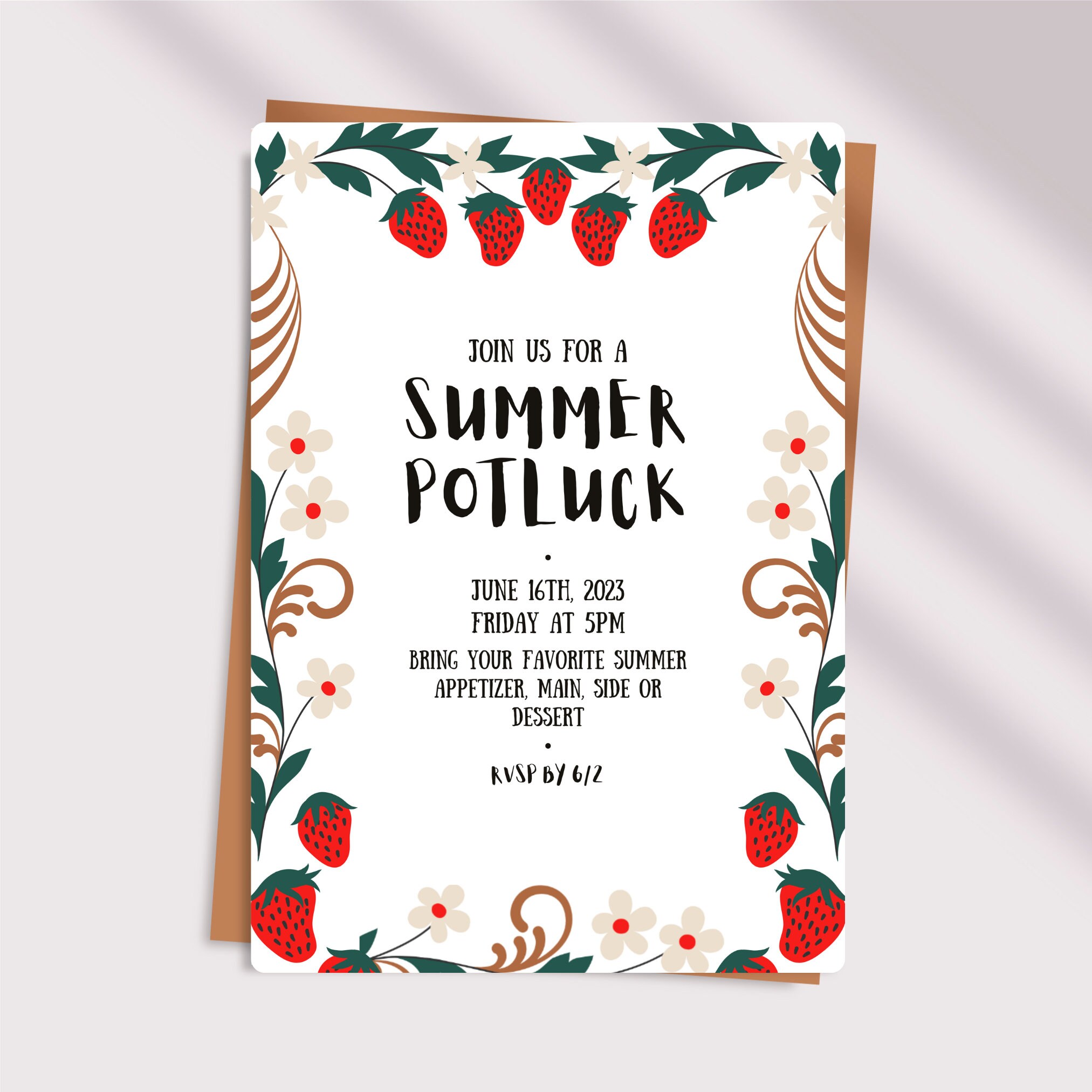 Custom Summer Potluck Invite, Floral Strawberry Fields Editable Potluck ...