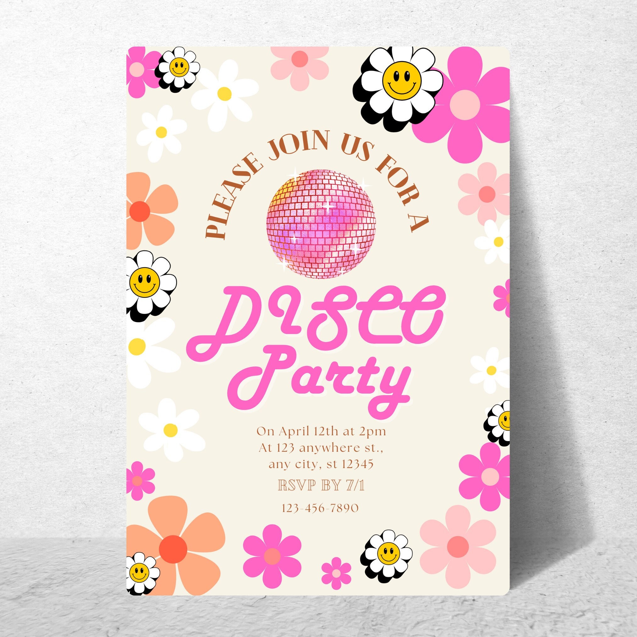 Custom Retro Disco Party Printable Invite, Two-sided Floral Disco ...