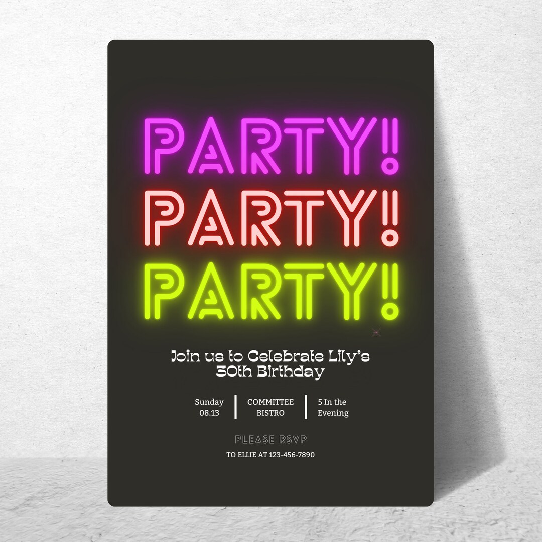 Editable Neon Party Invitation Electric Neon Birthday Party - Etsy