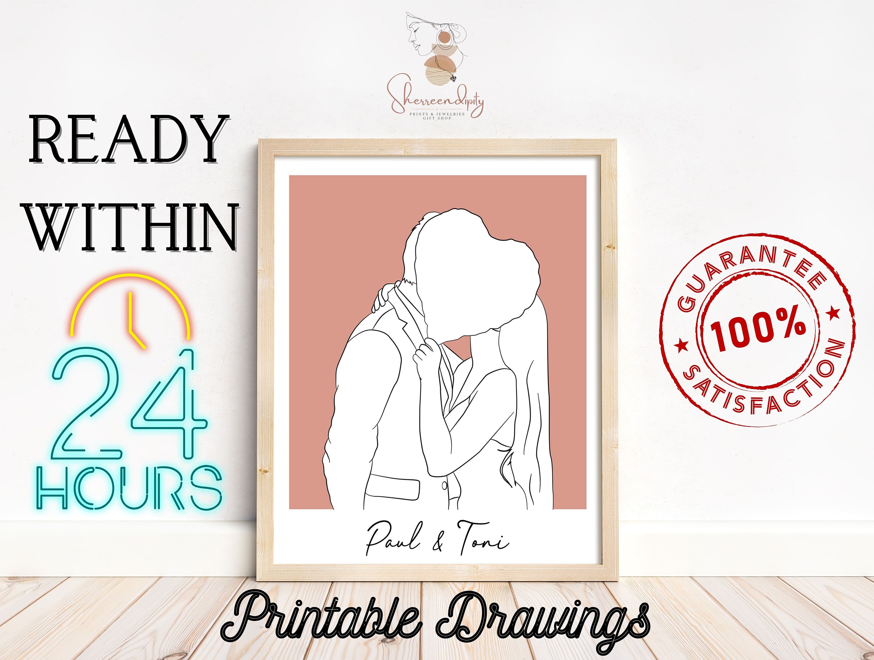 Couple Line Art Portrait, Custom Line Art Drawing Portrait Printable ...