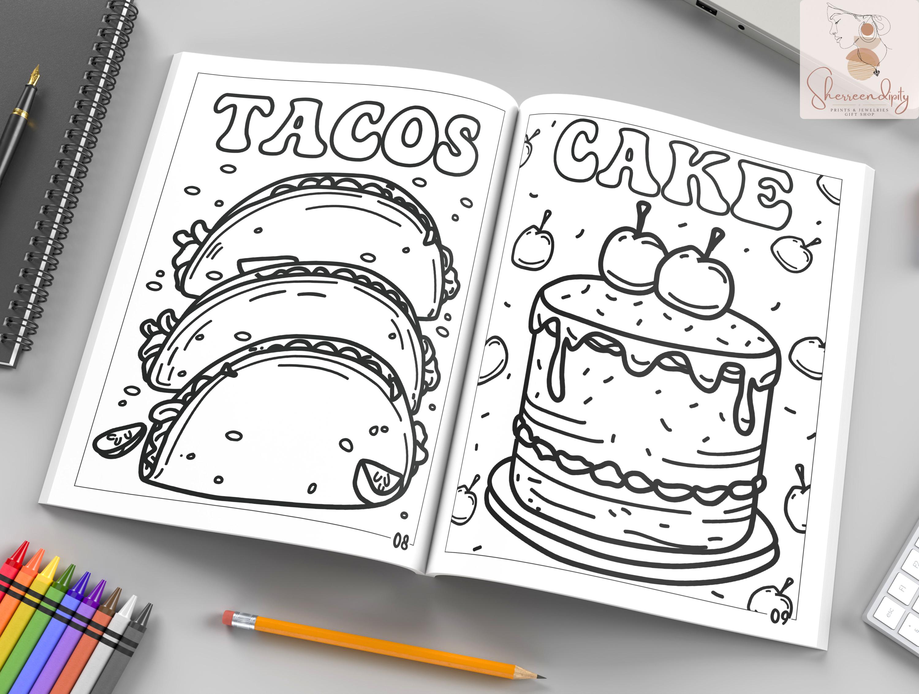 Food & Drink Coloring Book, Food and Drink Printed Coloring Book for ...