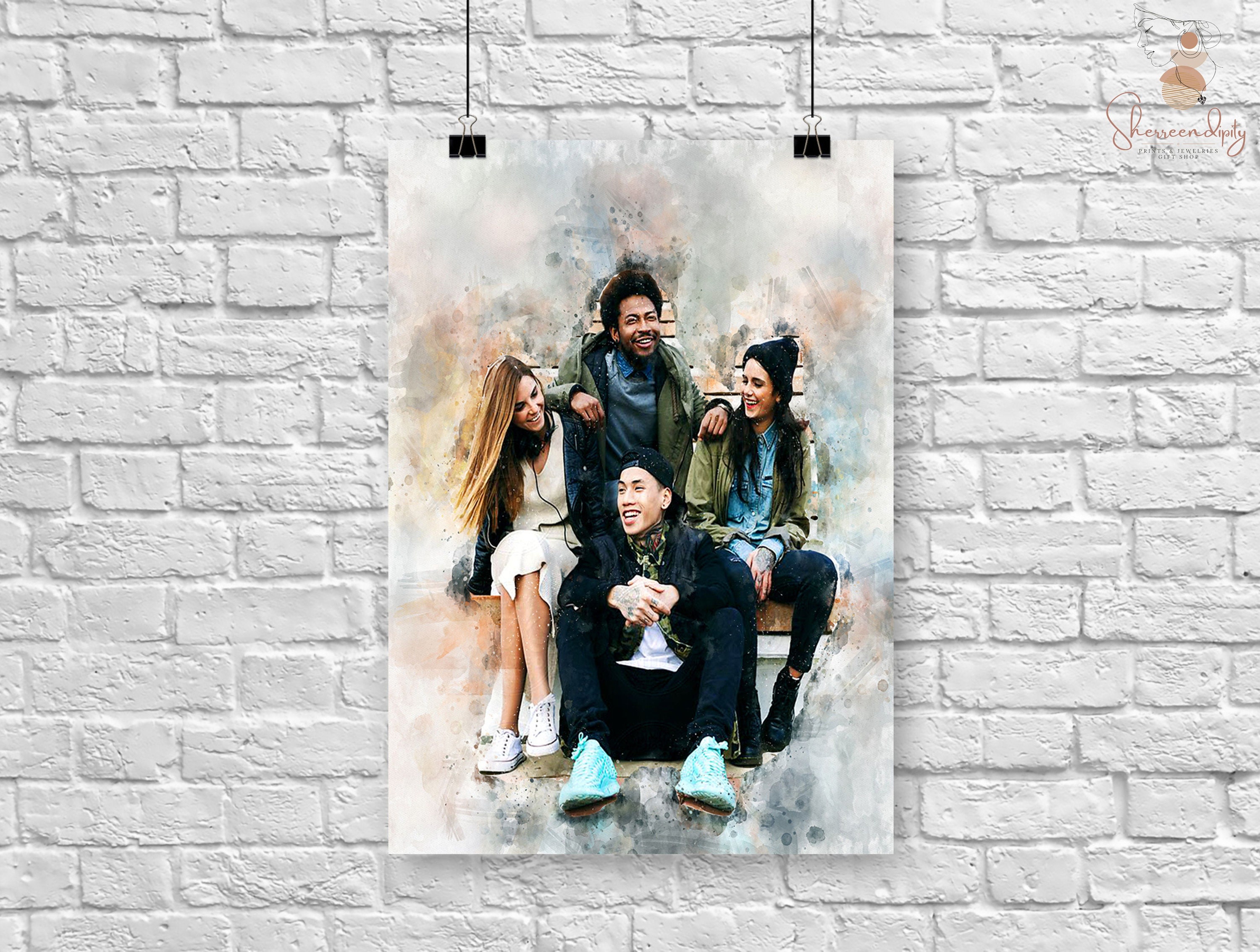 Group Friend Canvas, Friends Watercolor Portrait Poster for Besties ...