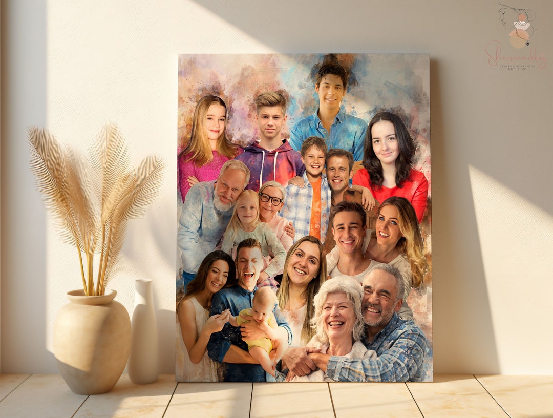 Family Merge Art Canvas, Custom Merge Photos Watercolor Poster for ...