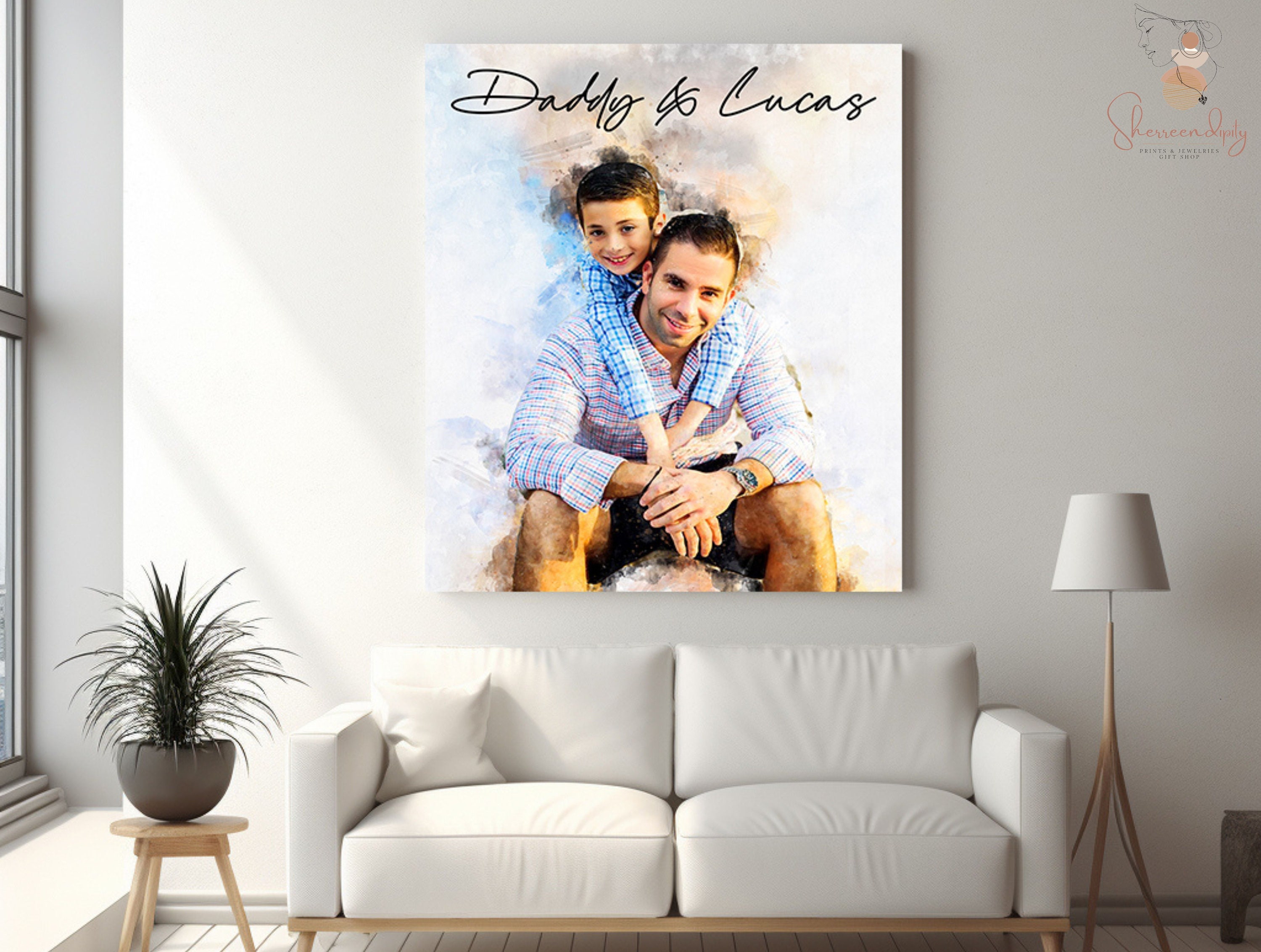 Father Son Gift Canvas, Father & Son Watercolor Portrait Poster for Dad ...