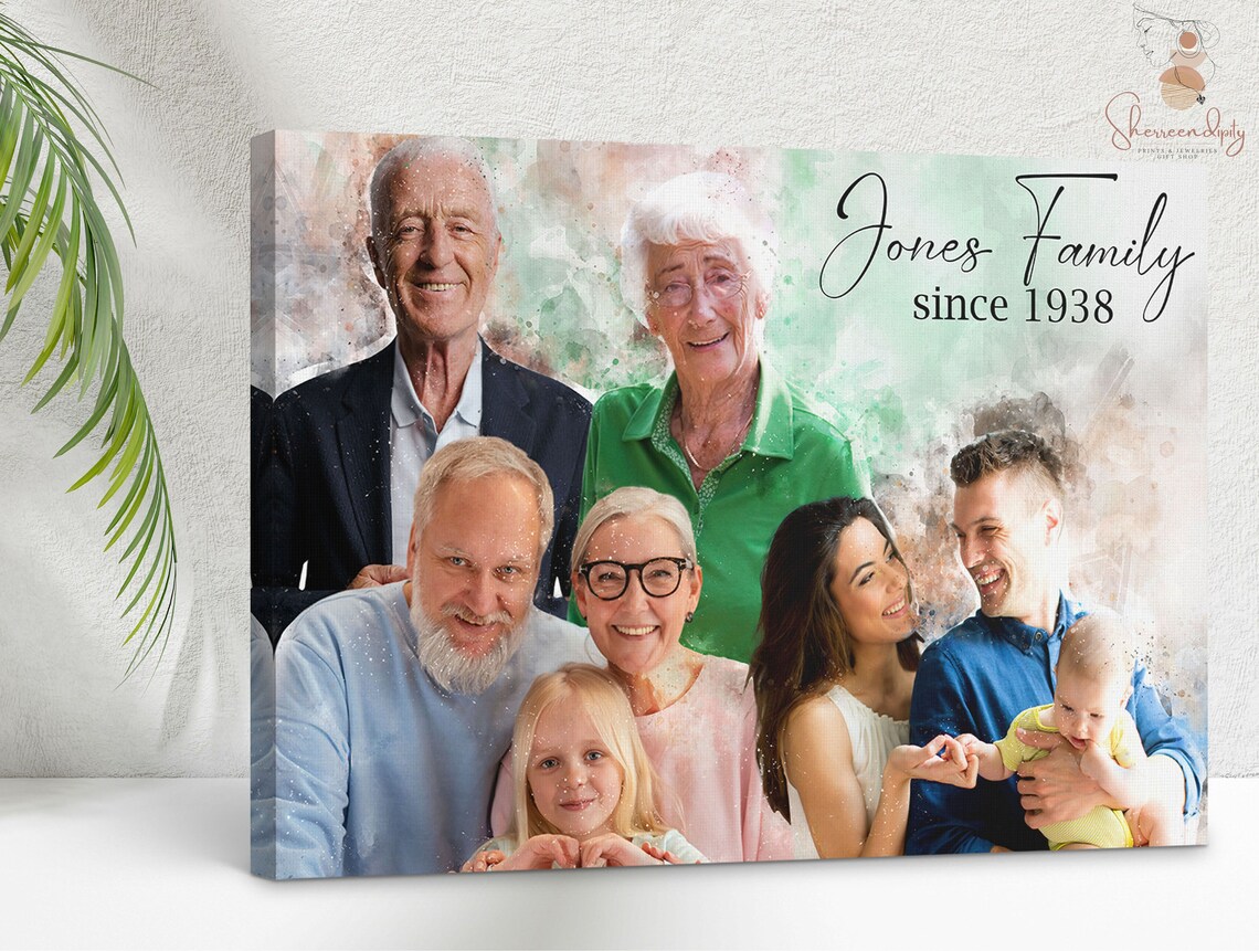 Family Merge Art Canvas, Custom Merge Photos Watercolor Poster for ...