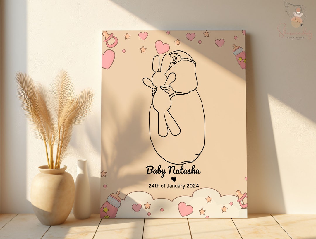 Newborn Line Drawing Canvas, Custom Baby Line Art Poster for ...