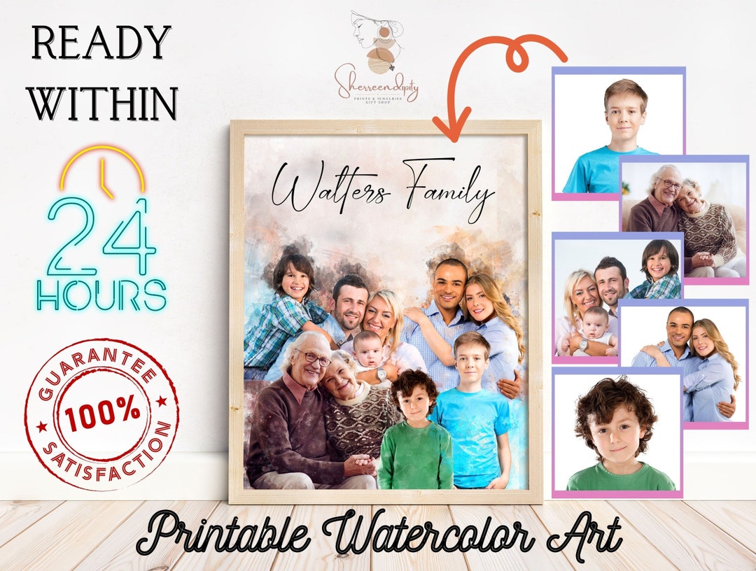 Merge Photo Printable Art, Custom Merge Photos Watercolor Portrait for ...