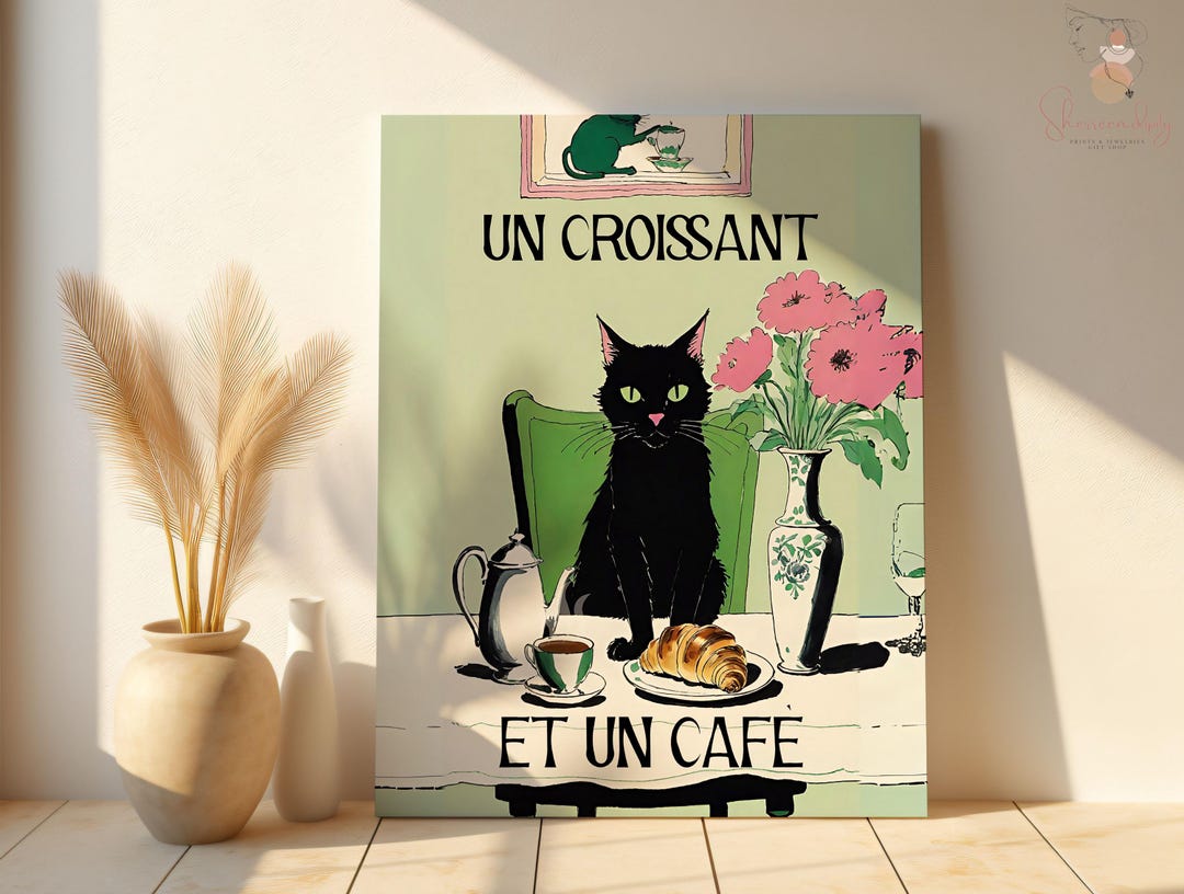 French Cafe Black Cat Art Poster: Croissant & Coffee Canvas - Etsy