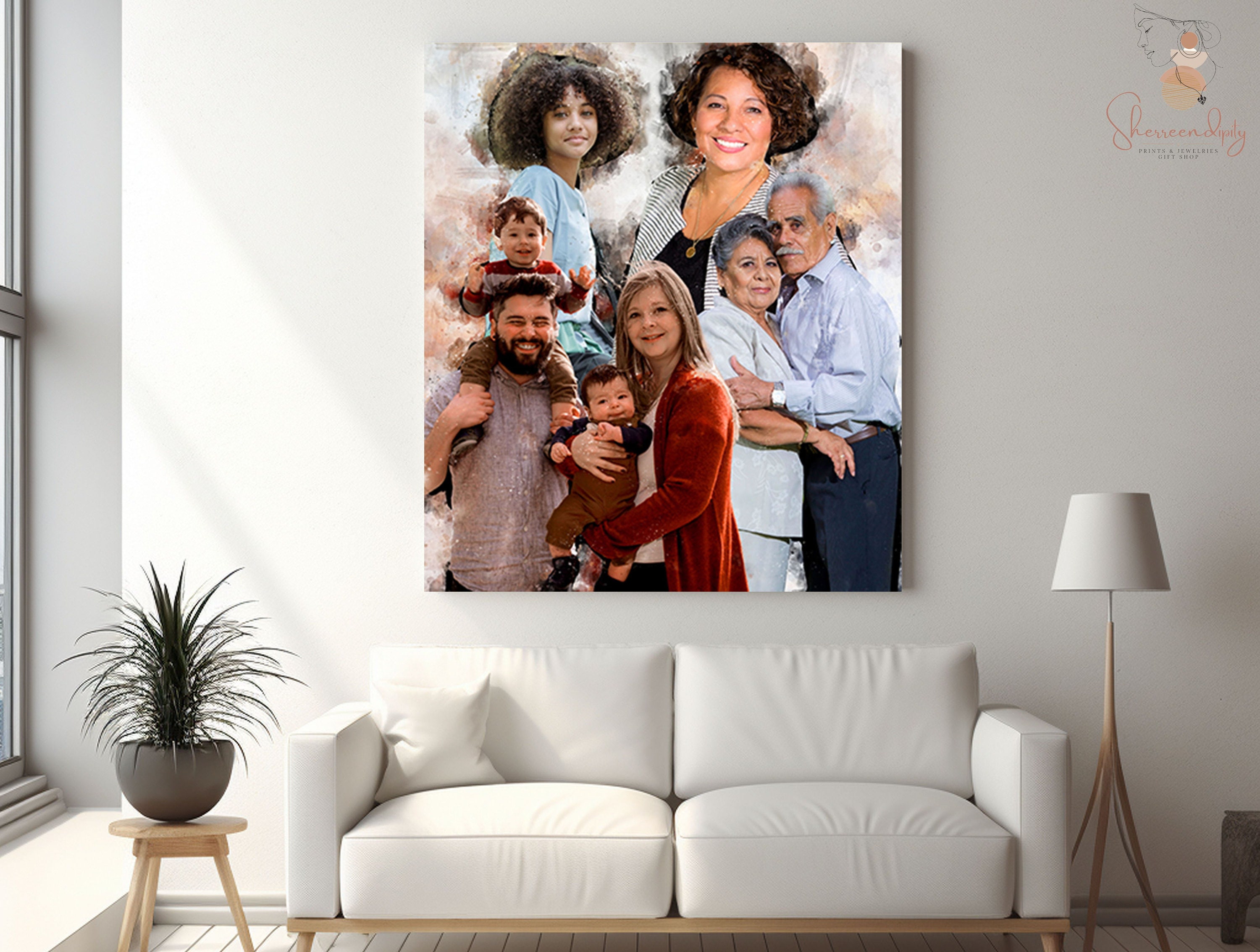 Family Merge Art Canvas, Custom Merge Photos Watercolor Poster for ...