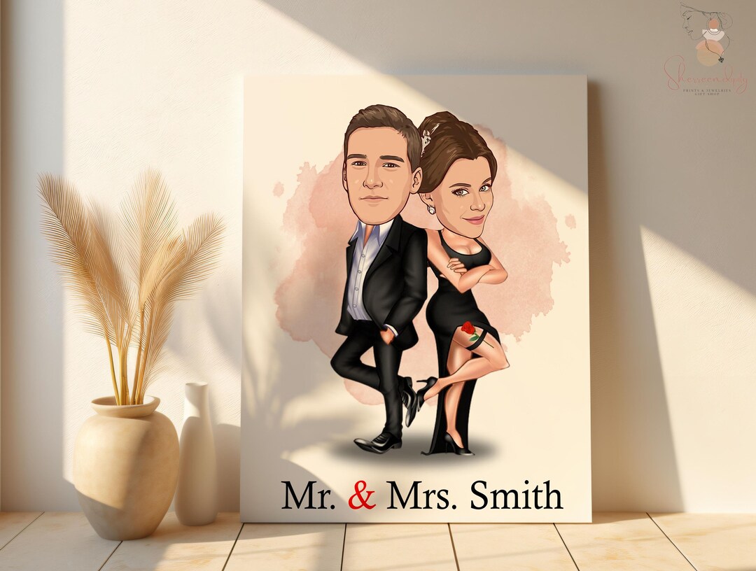 Couple Wedding Cartoon Canvas, Wedding Portrait Caricature Poster for ...