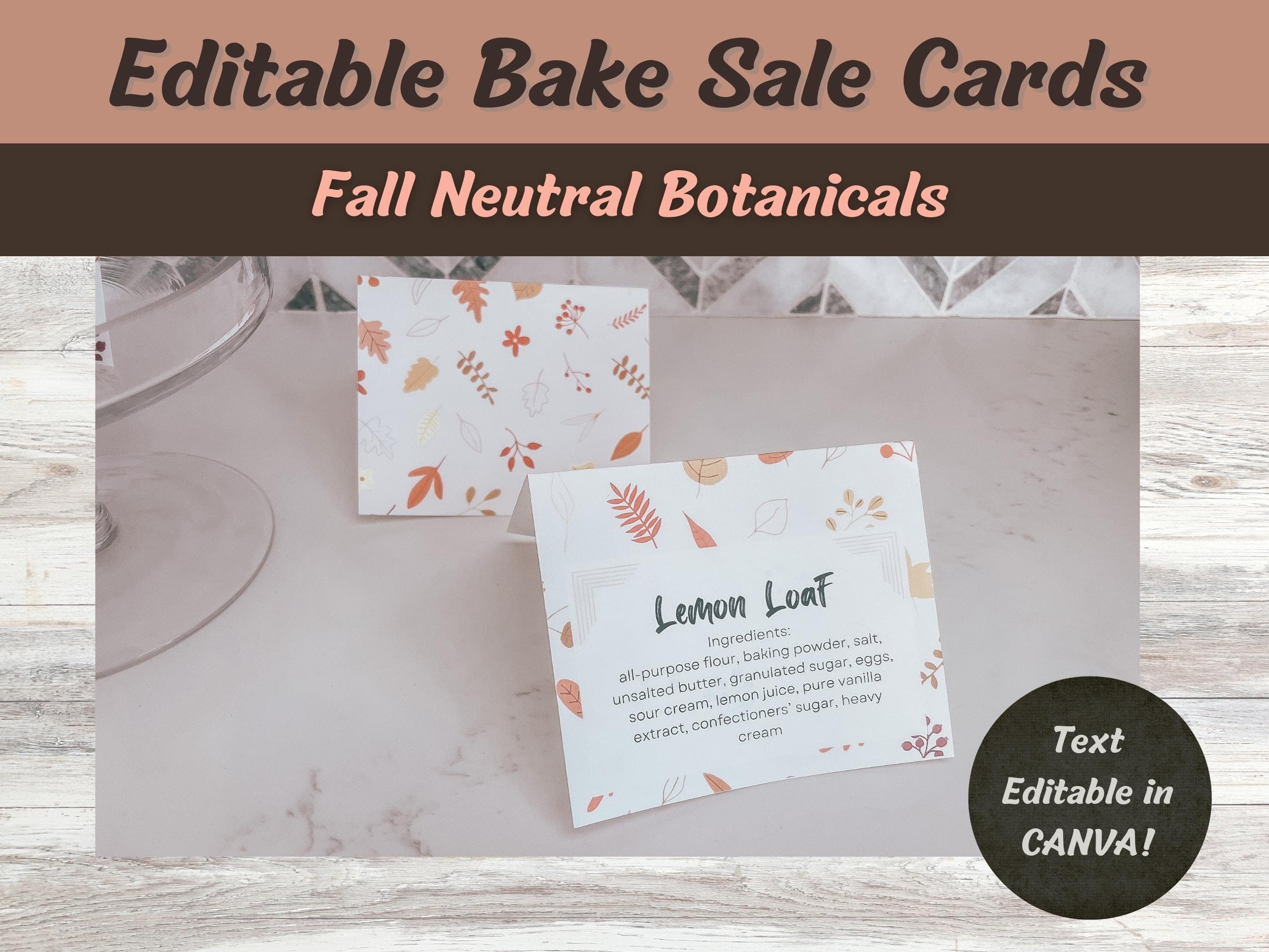Editable Fall Botanical Bake Sale Cards, Leaves, Thanksgiving, Warm ...