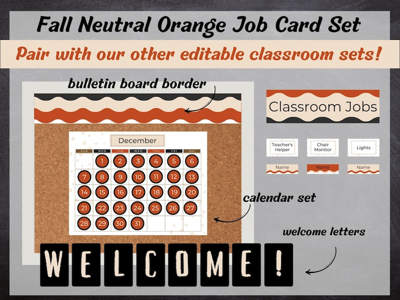 Editable Classroom Job Cards Fall Orange Neutral Set, Classroom Role ...
