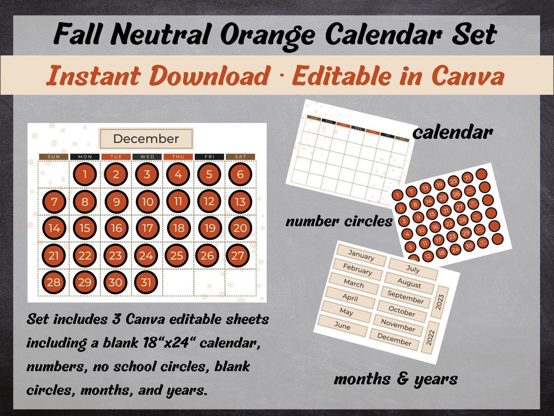 Editable Classroom Calendar Fall Orange Neutral Set, Blank Calendar ...
