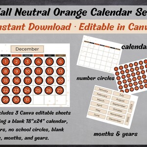 Editable Classroom Calendar Fall Orange Neutral Set, Blank Calendar ...