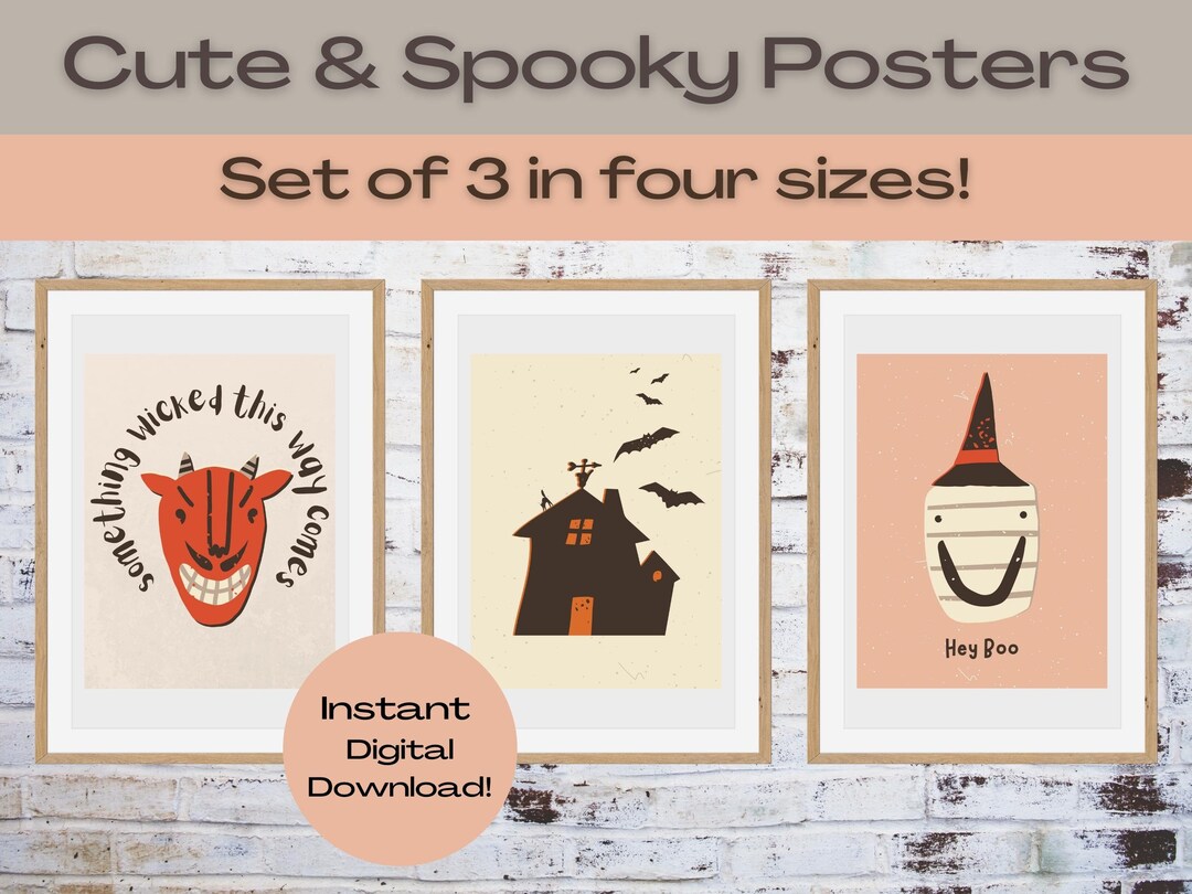 Cute and Spooky Digital Art Prints Set of 3, Vintage Halloween, Retro ...