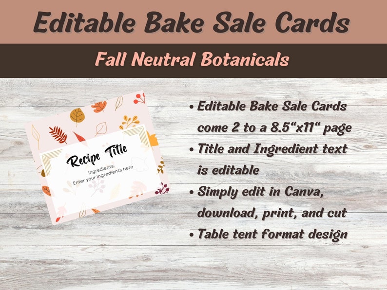 Editable Fall Botanical Bake Sale Cards, Leaves, Thanksgiving, Warm ...
