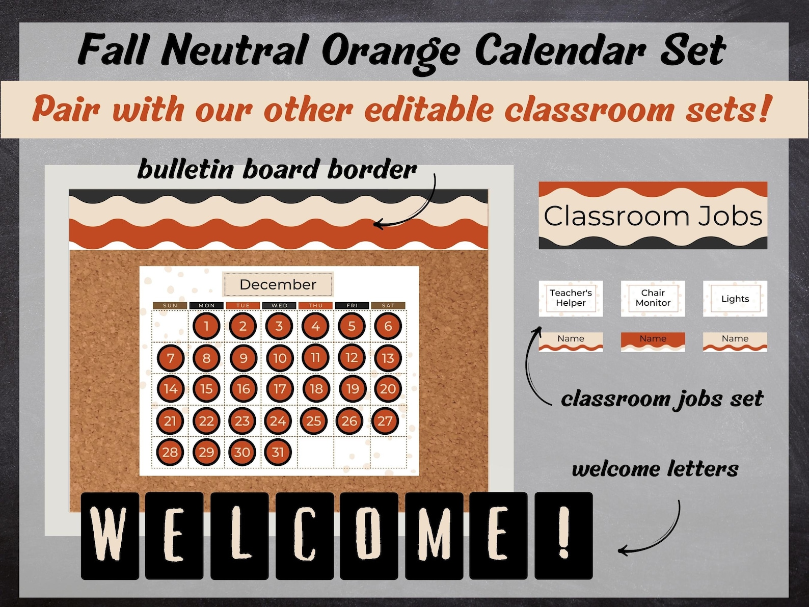Editable Classroom Calendar Fall Orange Neutral Set, Blank Calendar ...