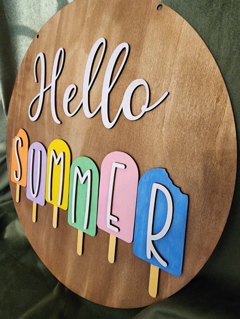 Hello Summer Round Wooden Door Sign, Seasonal Door Sign, Summer Door ...