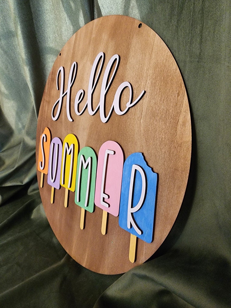 Hello Summer Round Wooden Door Sign, Seasonal Door Sign, Summer Door ...