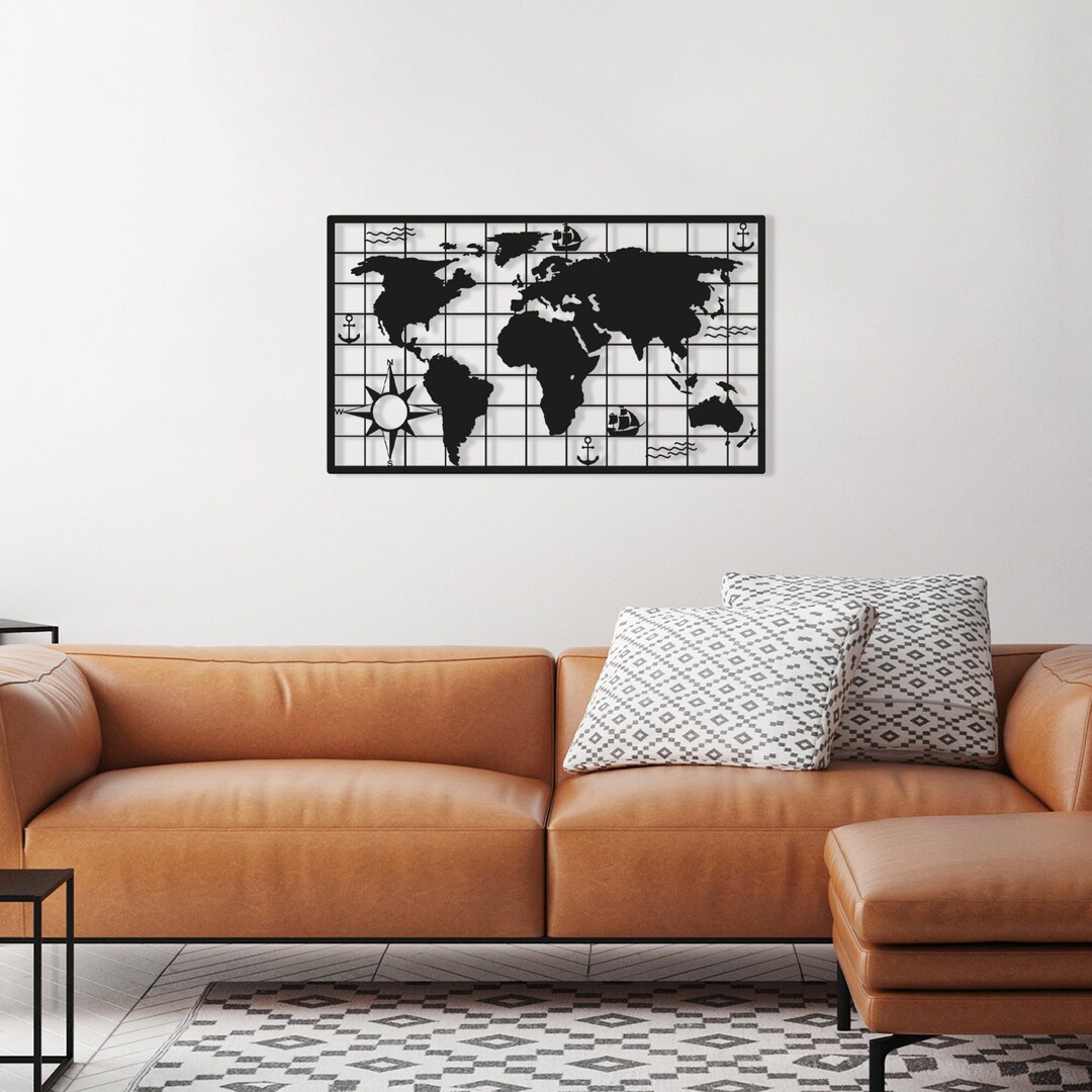 World Map Sign, Metal Map Wall Art, Office Wall Decor, Compass Sign ...