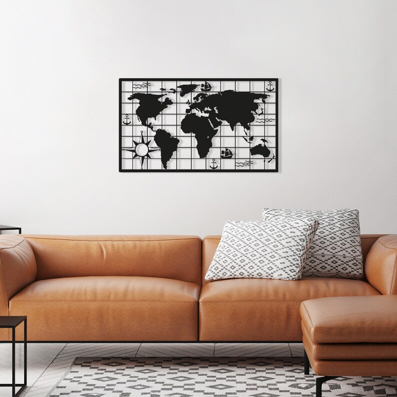 World Map Sign Metal Map Wall Art Office Wall Decor Compass - Etsy