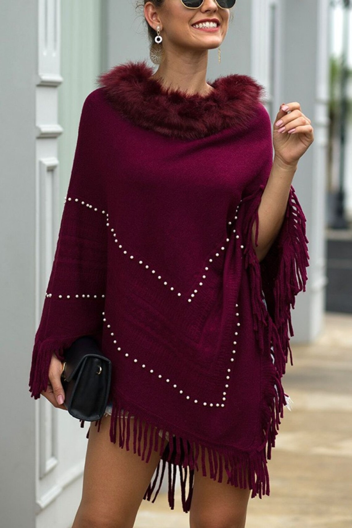 Faux Fur Trim Bead Fringe Hem Poncho Etsy