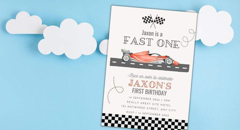Fast One Birthday Invitation, Formula One Invitation, Race Car ...