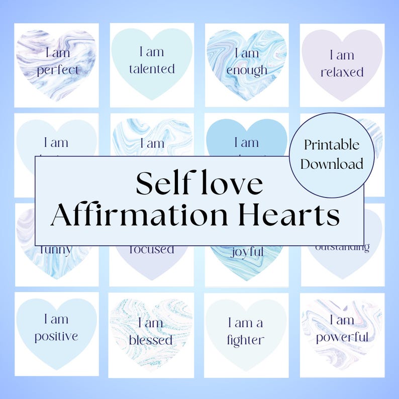 60 Self Love Hearts Affirmation Cards, Marble, Blue, Purple, Valentine ...