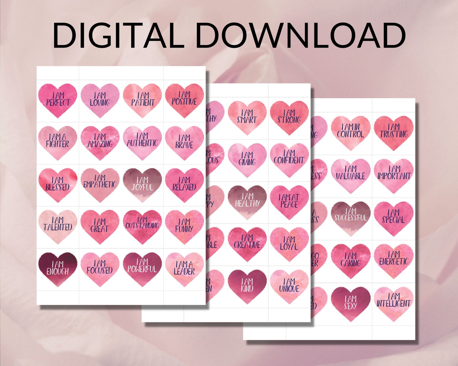 60 Self Love Hearts Affirmation Cards, Printable Positive Affirmation ...