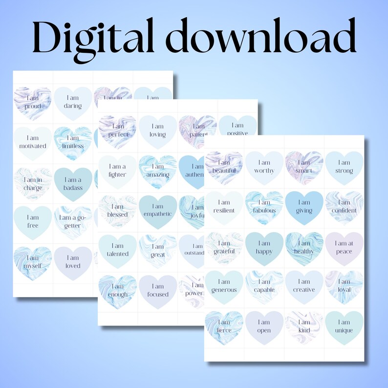 60 Self Love Hearts Affirmation Cards, Marble, Blue, Purple, Valentine ...