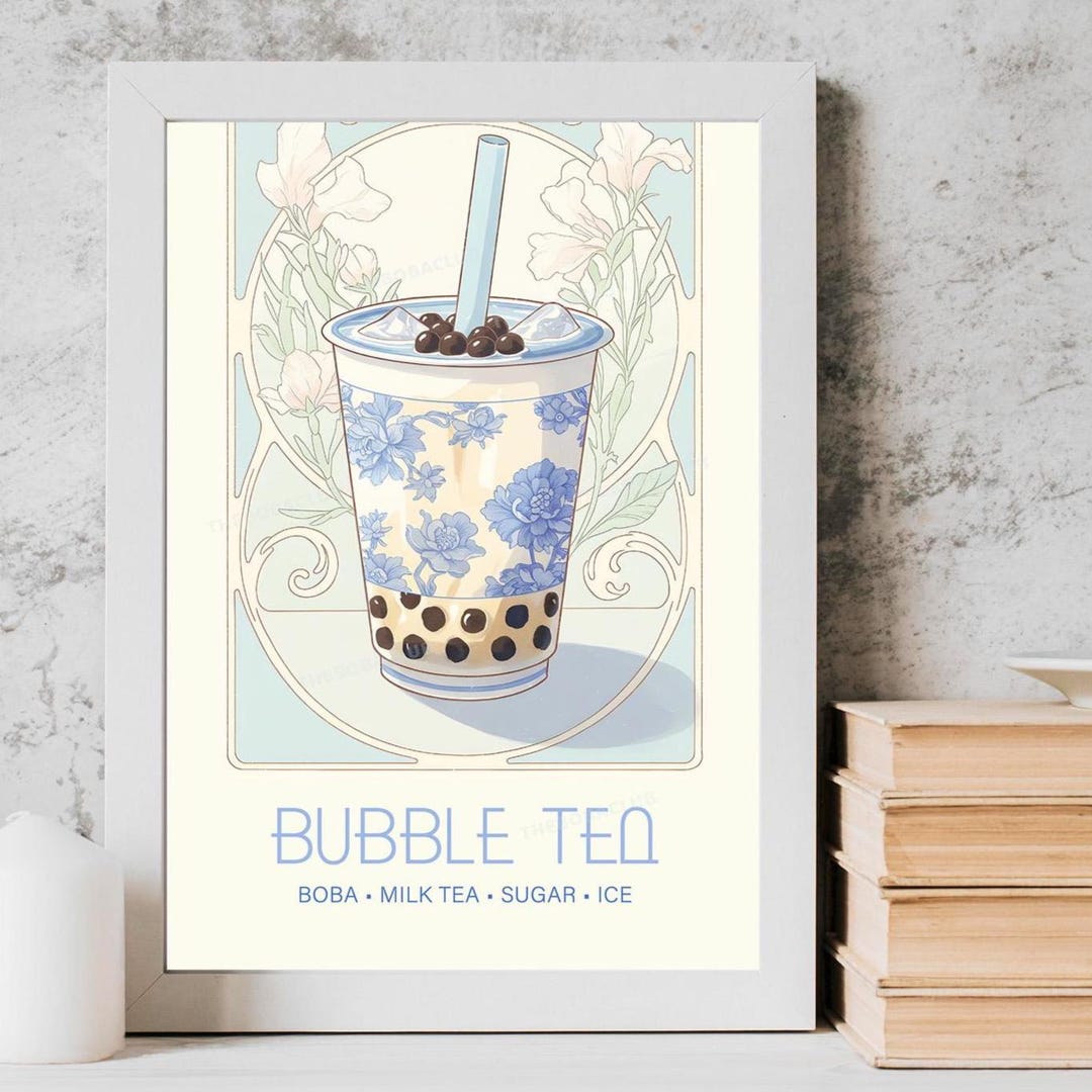 Floral Boba Tea Art Nouveau Poster: Romantic Bubble Tea Print (digital ...