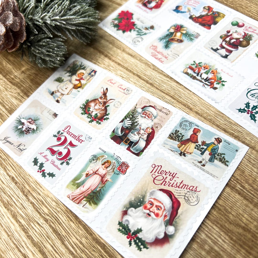 Vintage Christmas Postage Stamp Stickers, Faux Postage Stamps, Antique ...