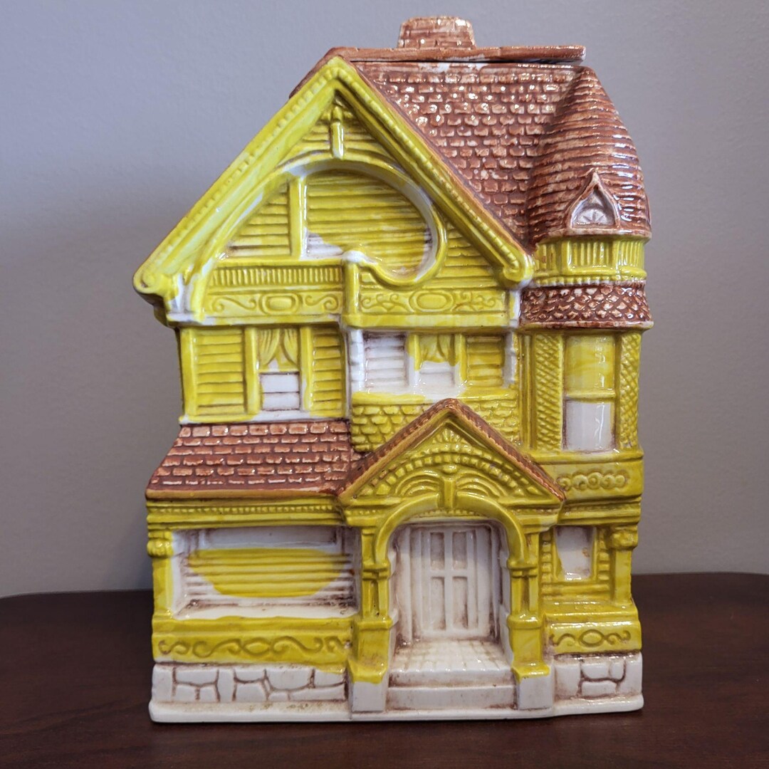 Vintage Treasure Craft Victorian House Cookie Jar Ceramic Yellow Brown ...