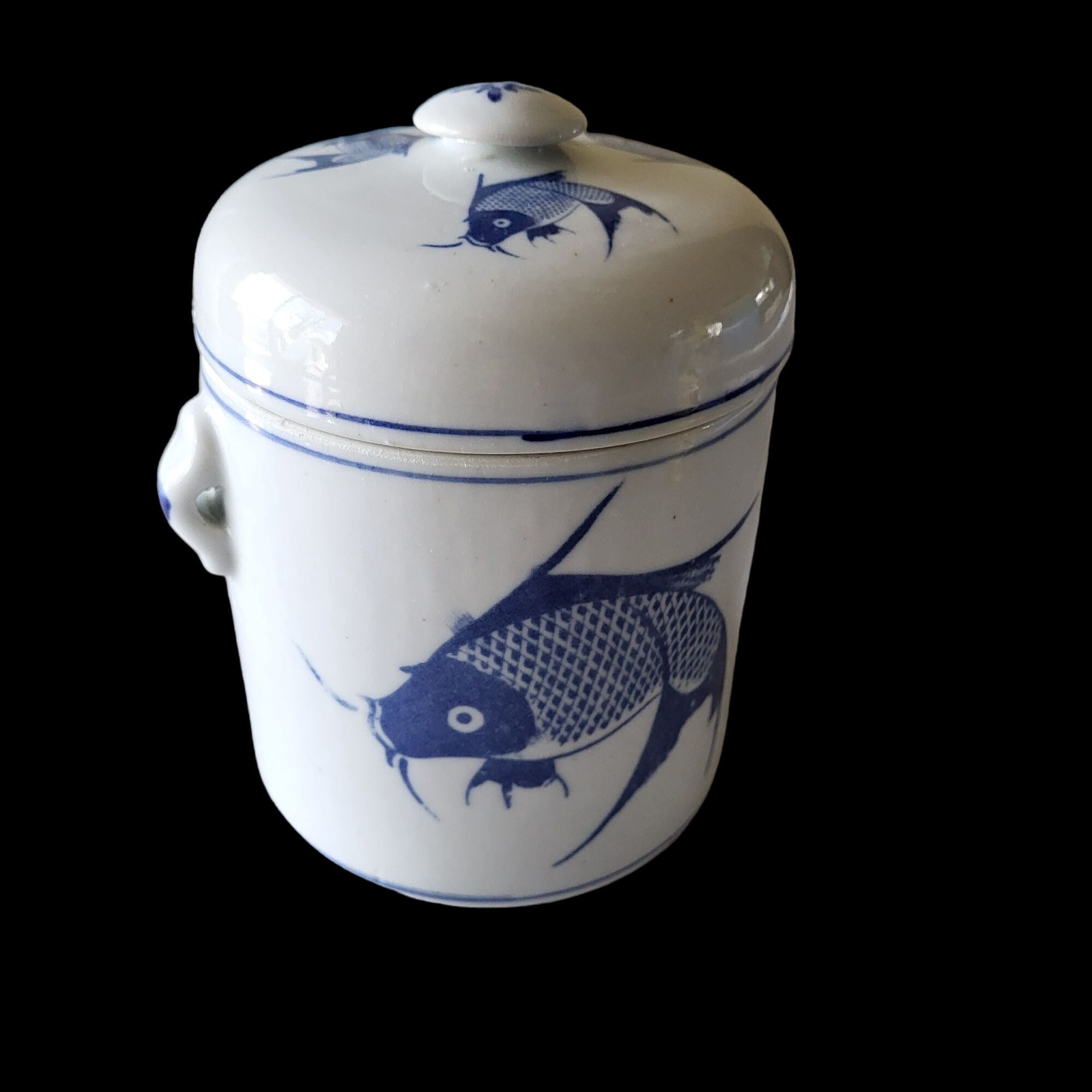 Vintage Blue Koi Fish Ginger Jar Pot Canister With Lid Asian Carp ...