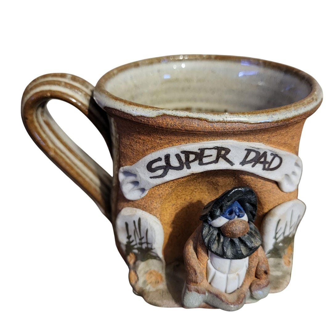Vintage Pottery "super Dad" Mug With 3D Character Funny Ugly Face Folk ...