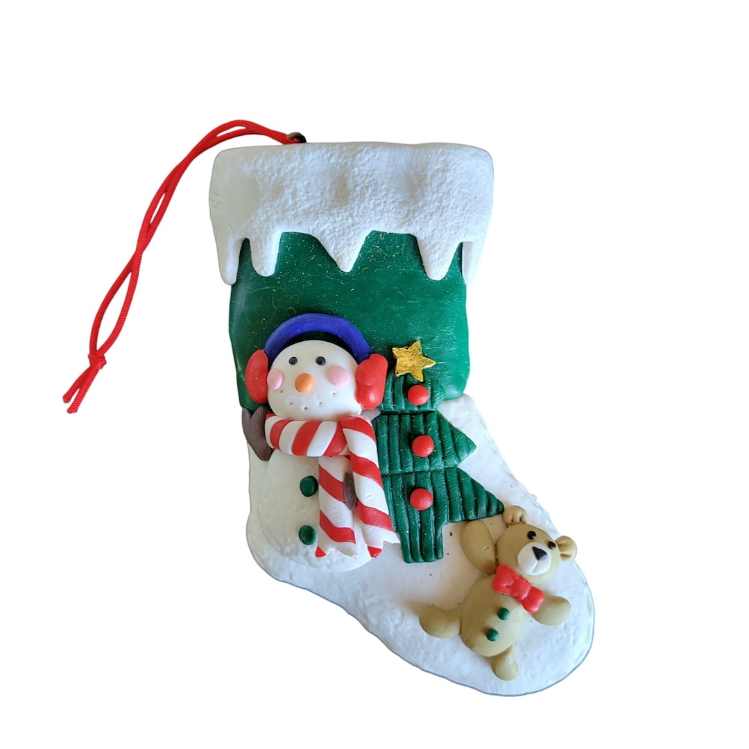 Vintage Clay Dough Snowman Christmas Stocking 4" Hanging Ornament Teddy ...