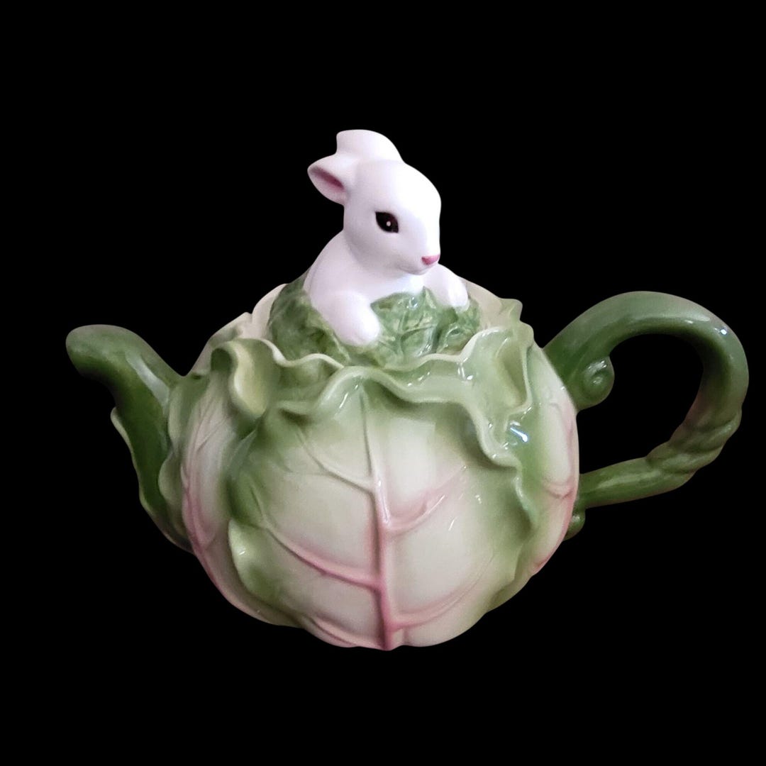 Vintage Applause Easter Bunny Rabbit Cabbage Leaf Ceramic 4 Cup Teapot ...