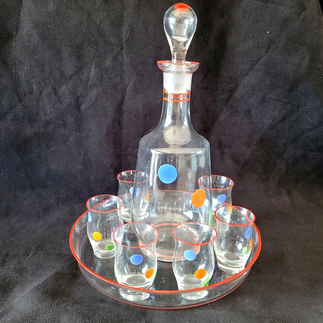 Vintage Glass Decanter 6 Shot Glass Set With Colorful Dots Red Trim ...