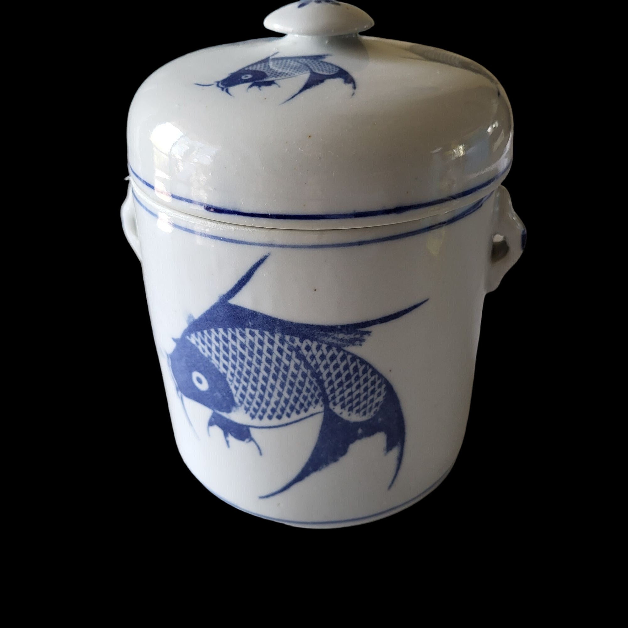 Vintage Blue Koi Fish Ginger Jar Pot Canister With Lid Asian Carp ...