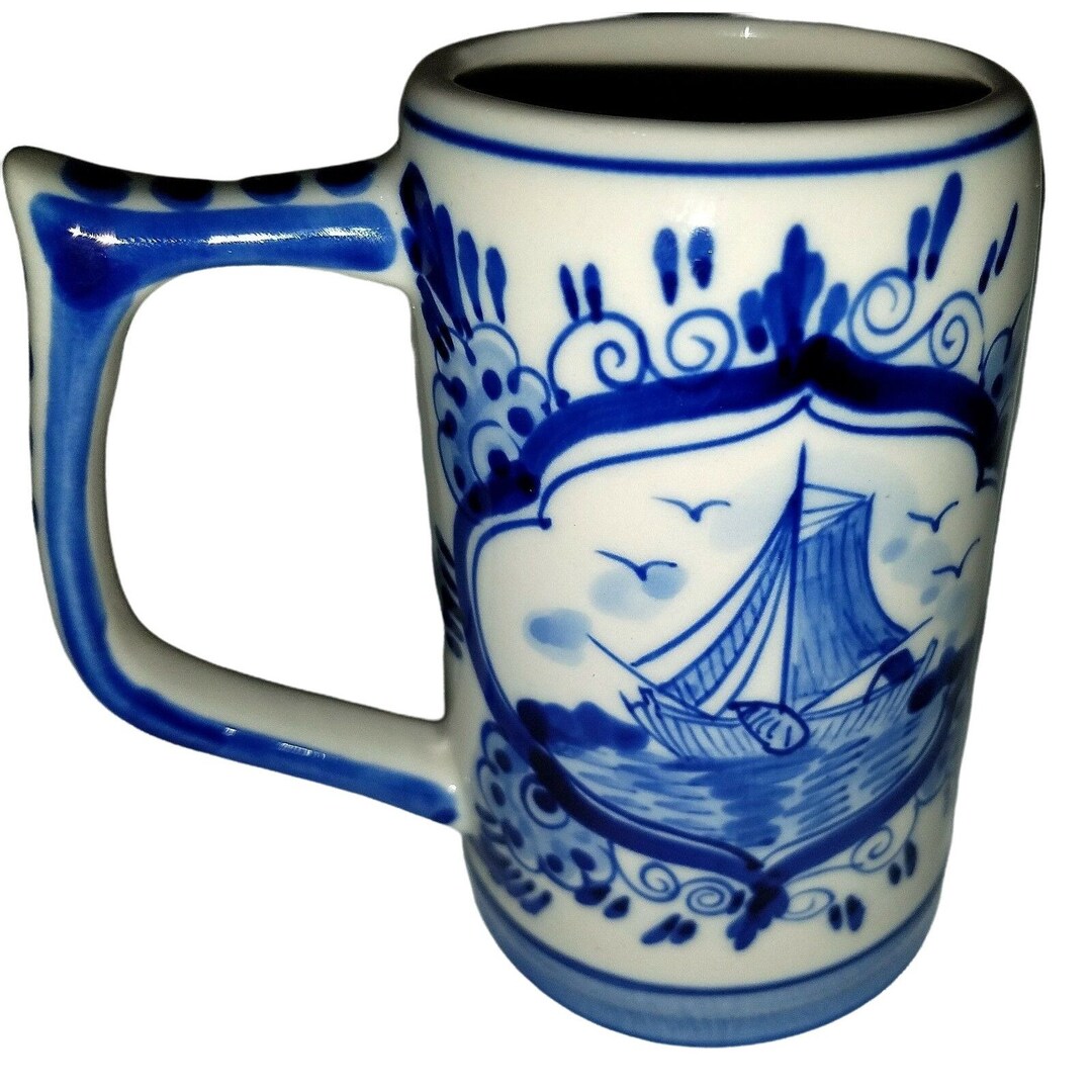 Vintage Hand Painted Delfts Blue 646 EH Handled Mug Cup Sailing Ship ...
