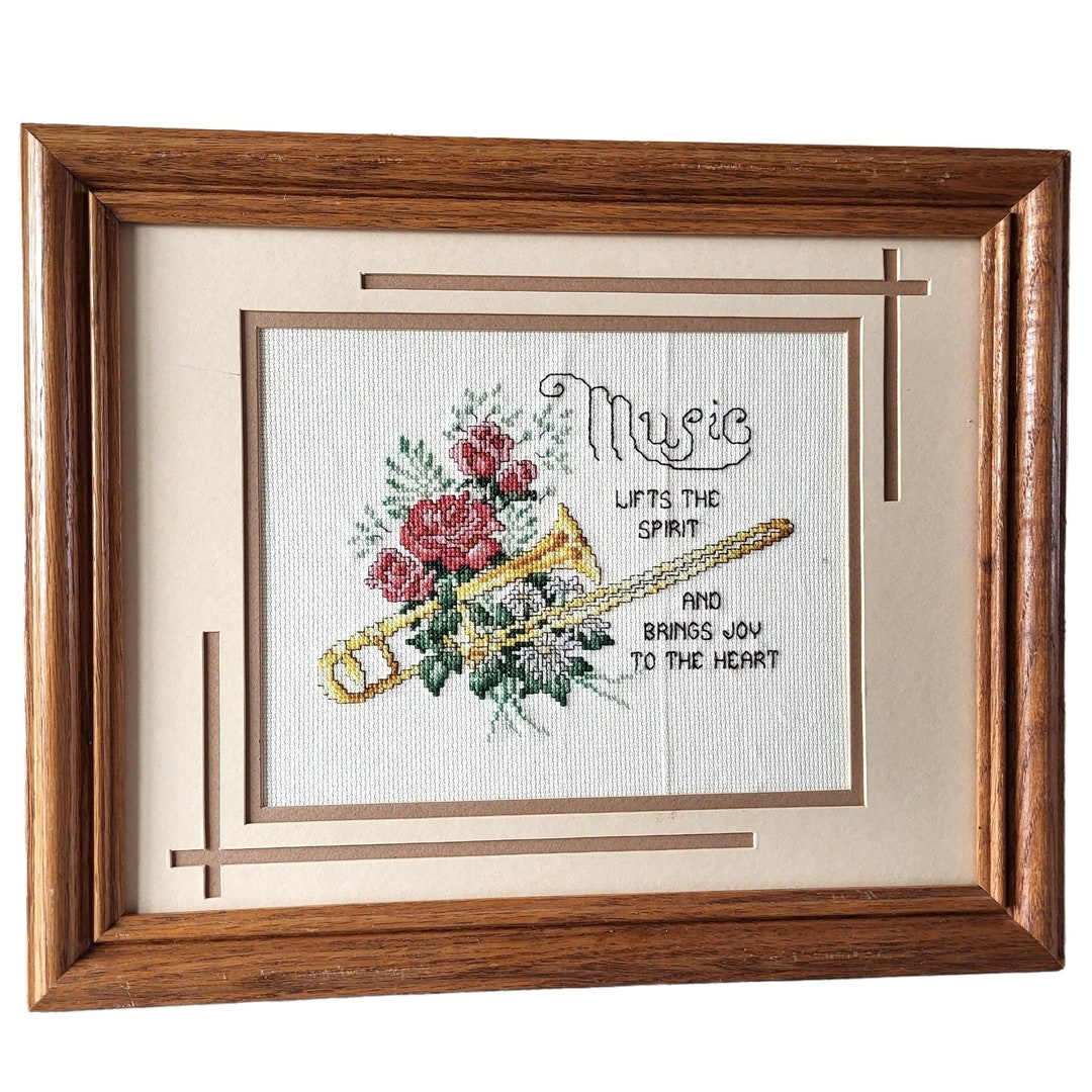 Framed Completed Counted Cross Stitch Trombone & Flowers 1990 Janlynn ...