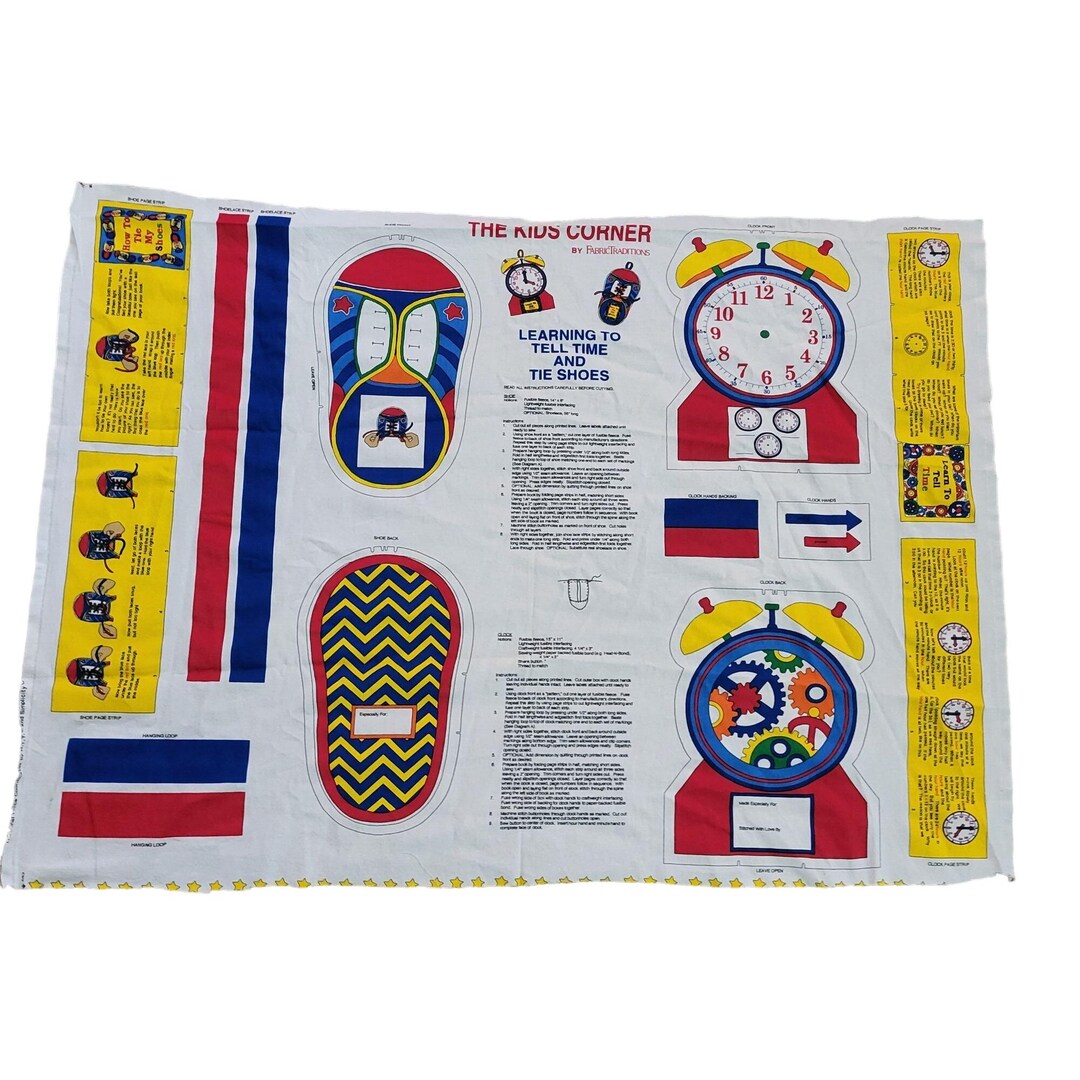 Vintage Kids Corner Learn to Tell Time & Tie Shoes Fabric Panel Craft ...