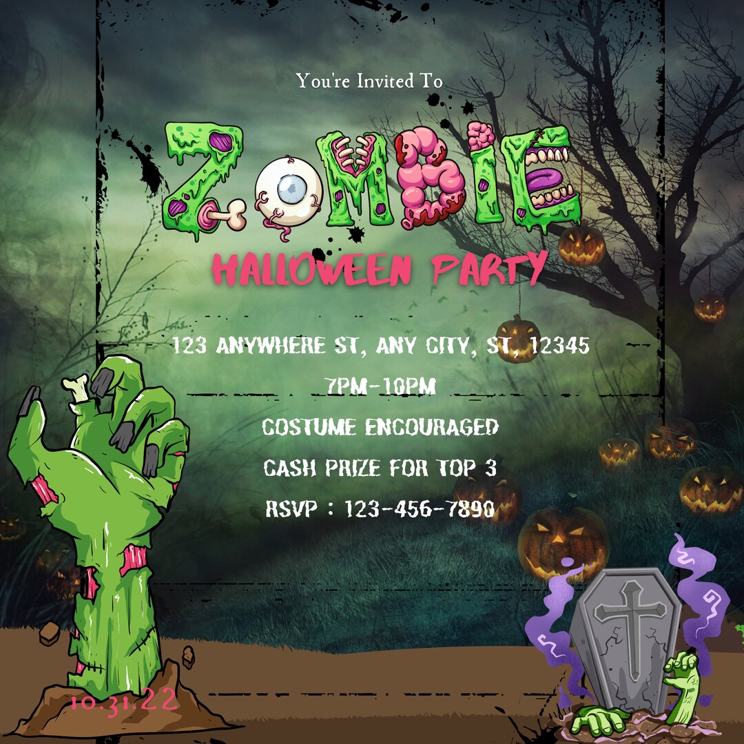 Zombie Party Invitation EDITABLE Canva Template Costume Party Spooky ...
